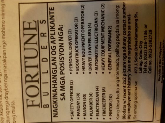 SUGBO HIRING | Panday, Mason, Plumber ug Electrician Ilang Gipangita ...