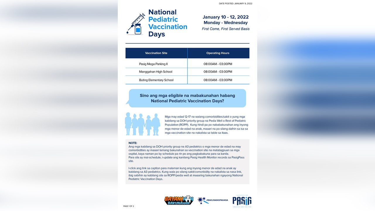 Pasig City government, magsasagawa ng National Pediatric Vaccination ...