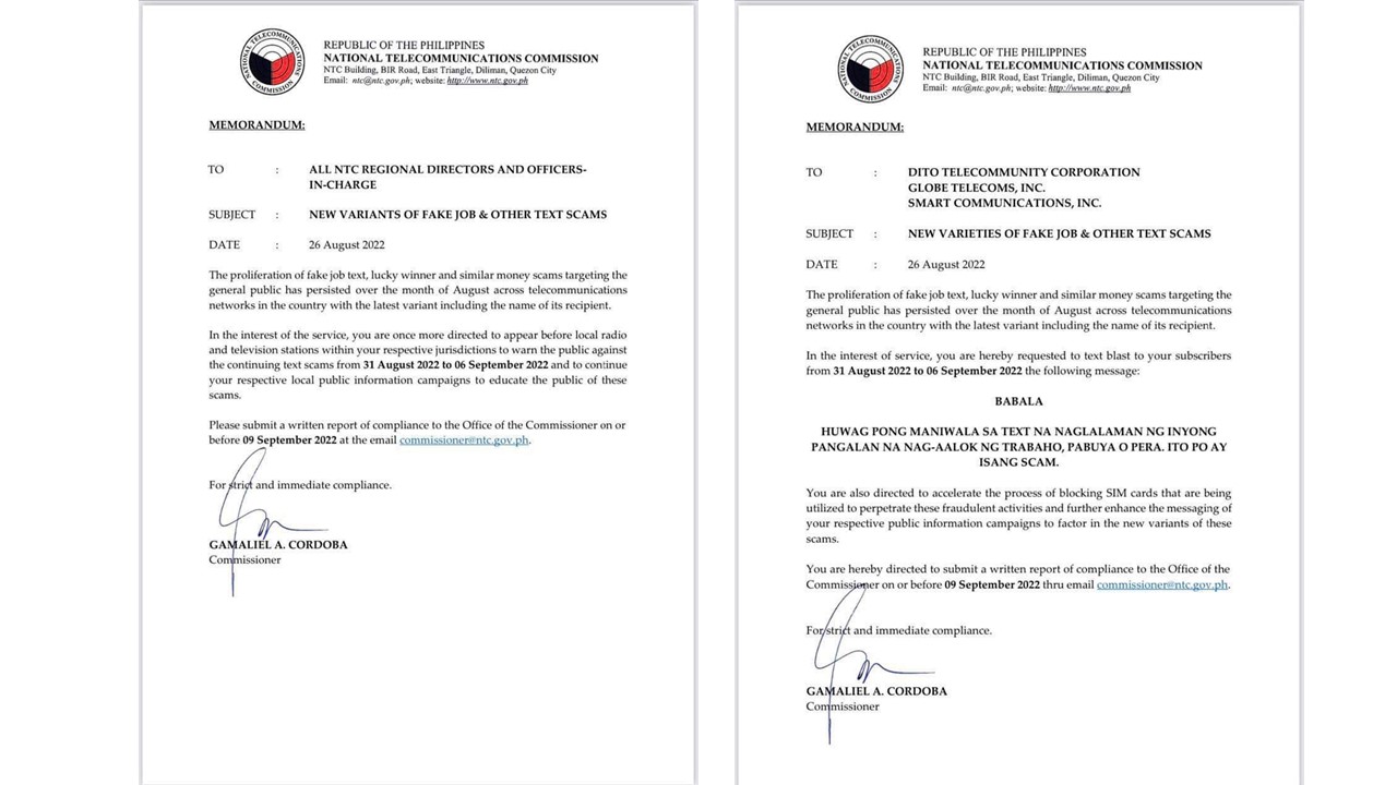 Telcos inatasan ng NTC na magpadala ng text blast na nagbibigay babala ...