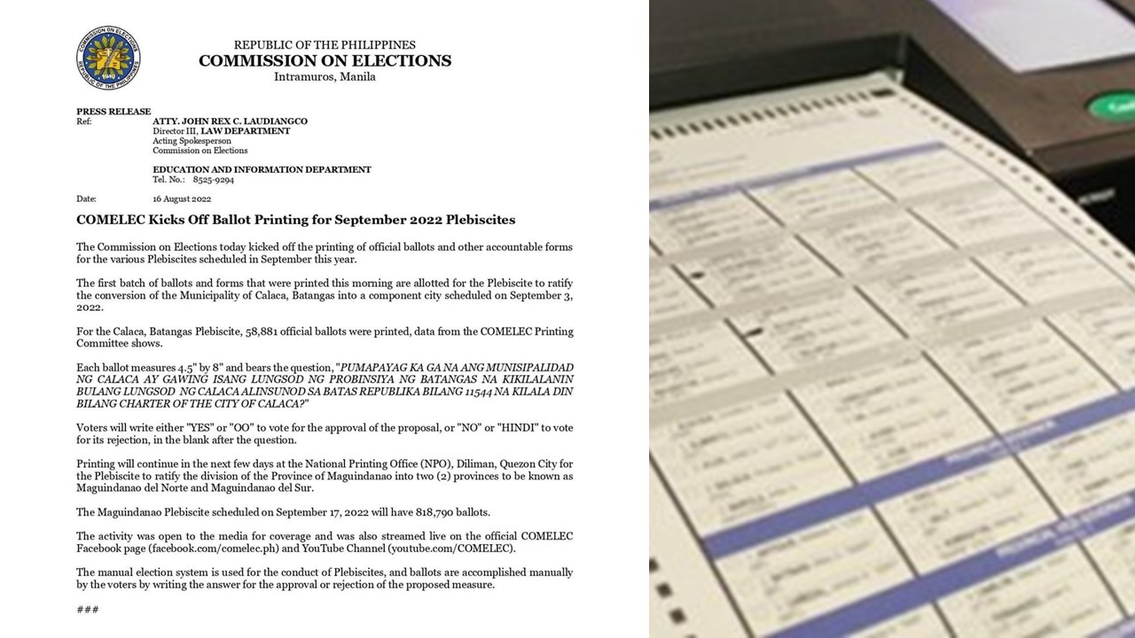 COMELEC, nag-imprenta na ng halos 900,000 na balota para sa plebisito ...