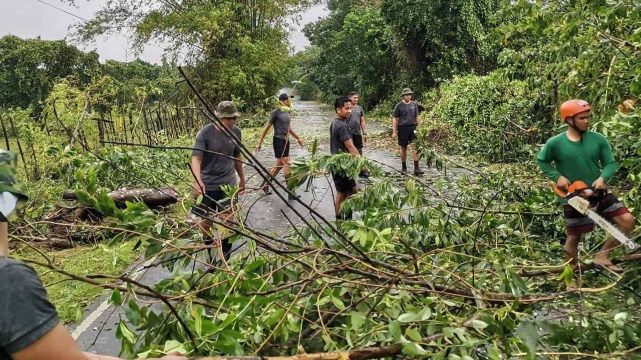 Mga punong kahoy na nagbagsakan at nakaharang sa mga daanan dulot ng ...