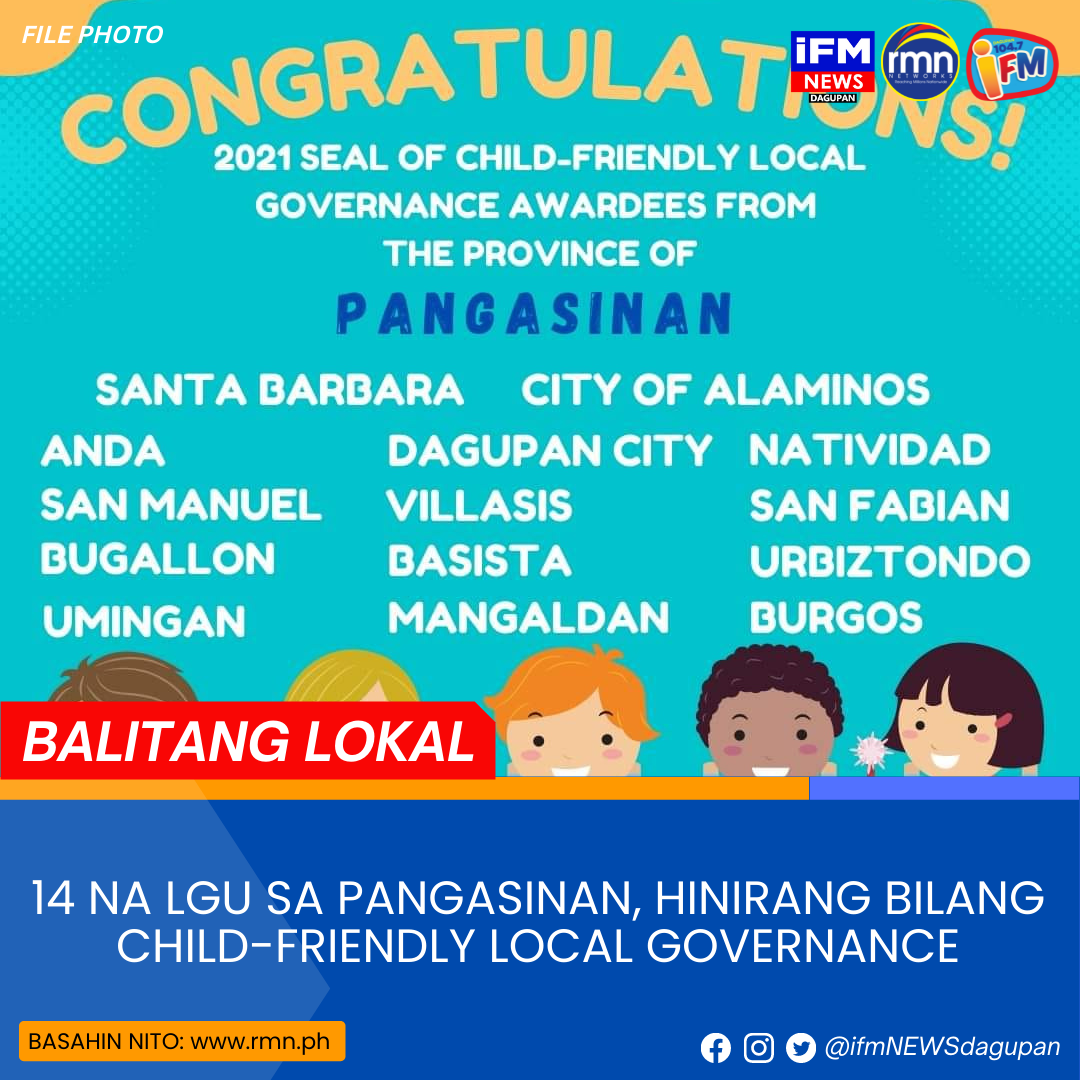14 NA LGU SA PANGASINAN, HINIRANG BILANG CHILD-FRIENDLY LOCAL GOVERNANCE - RMN Networks