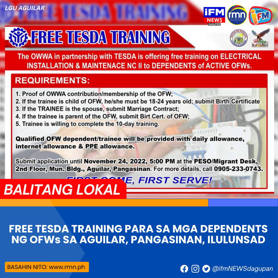 FREE TESDA TRAINING PARA SA MGA DEPENDENTS NG OFWs SA AGUILAR ...
