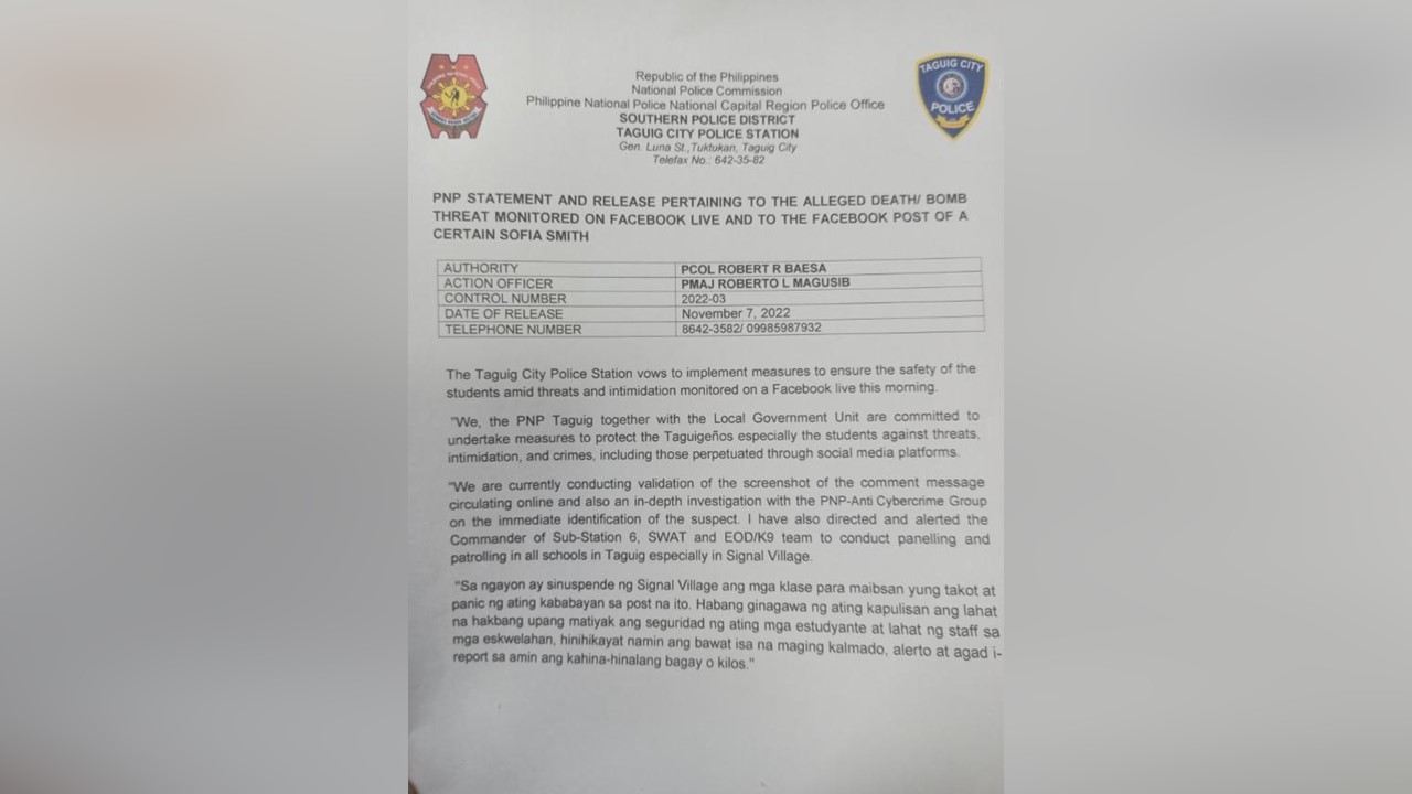 Klase sa isang paaralan sa Taguig, kinansela dahil sa bomb threat - RMN Networks