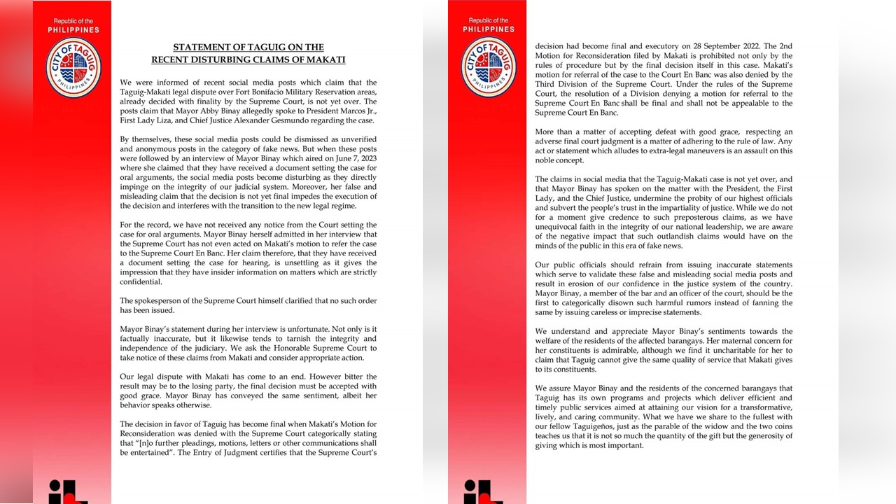 Taguig LGU, umapela na igalang ang desisyon ng Korte Suprema hinggil sa territorial dispute ...