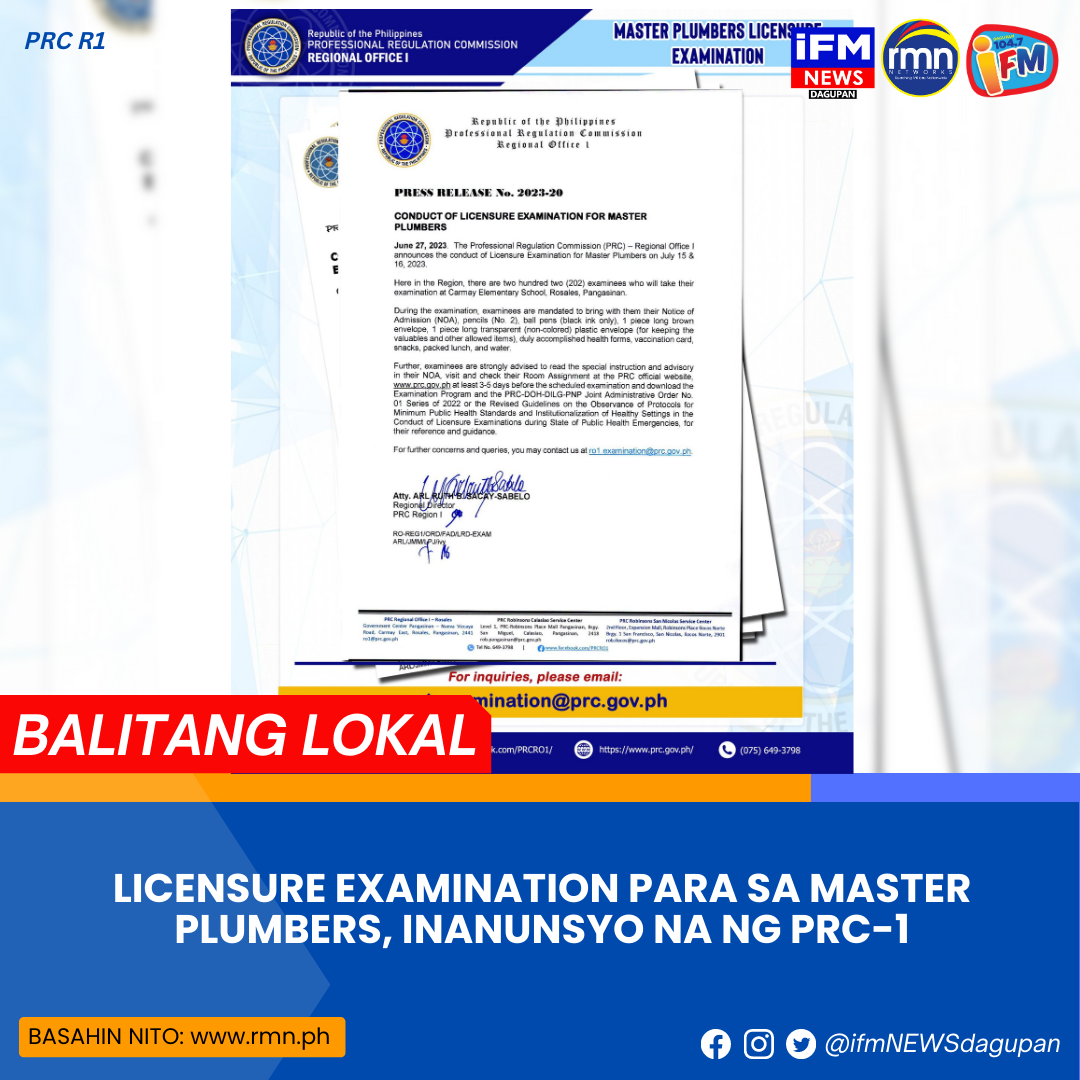 LICENSURE EXAMINATION PARA SA MASTER PLUMBERS, INANUNSYO NA NG PRC-1 ...