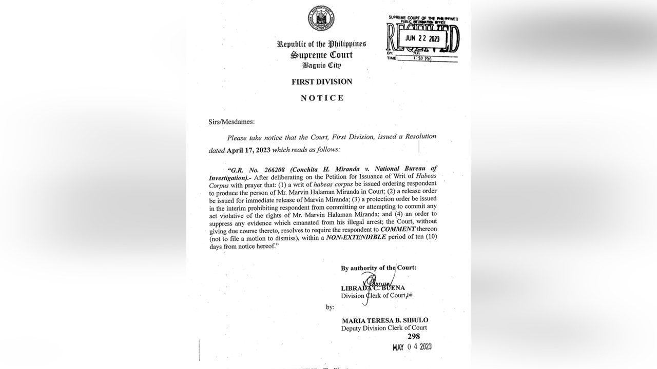 NBI, pinagkokomento na ng Korte Suprema kaugnay sa petisyon na inihain ng ina ni Marvin Miranda ...