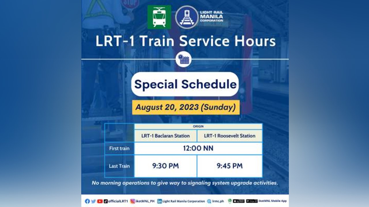 Operasyon ng LRT-1 sa August 20, half day muna dahil sa isasagawang pag ...