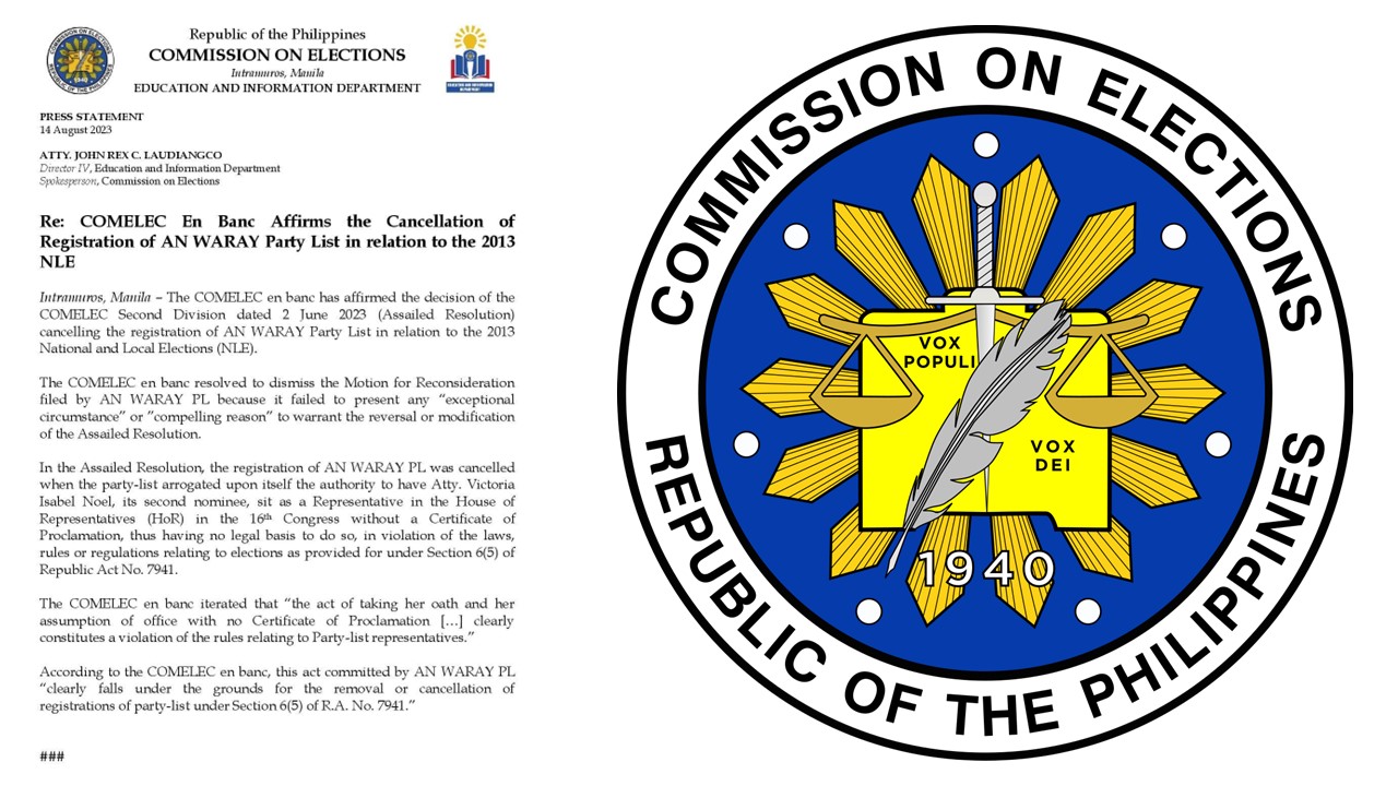 COMELEC, pinagtibay ang kanselasyon ng registration ng An Waray Party-list - RMN Networks