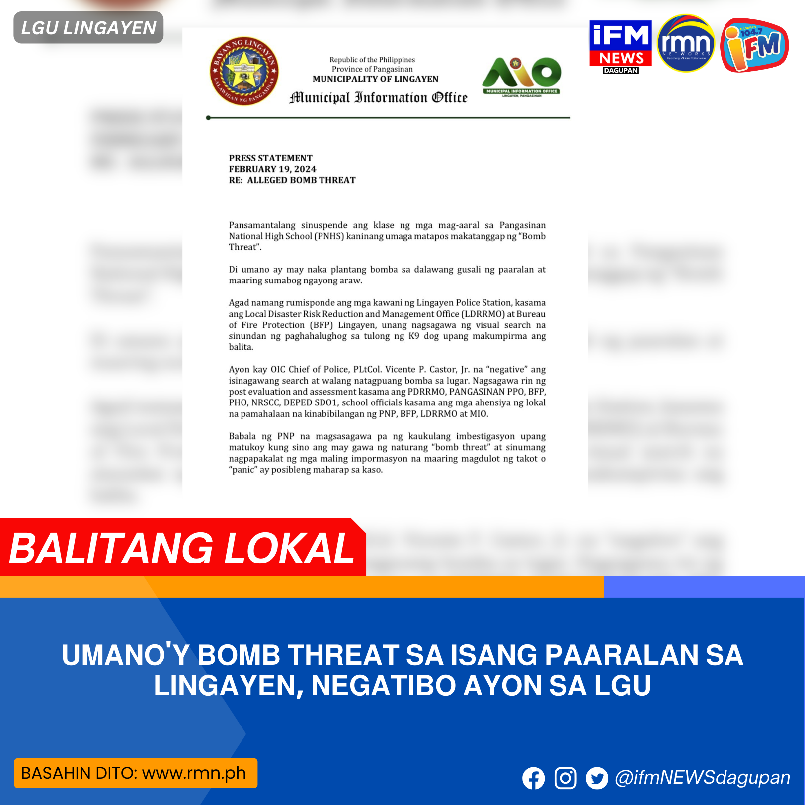 𝗨𝗠𝗔𝗡𝗢'𝗬 𝗕𝗢𝗠𝗕 𝗧𝗛𝗥𝗘𝗔𝗧 𝗦𝗔 𝗜𝗦𝗔𝗡𝗚 𝗣𝗔𝗔𝗥𝗔𝗟𝗔𝗡 𝗦𝗔 𝗟𝗜𝗡𝗚𝗔𝗬𝗘𝗡, 𝗡𝗘𝗚𝗔𝗧𝗜𝗕𝗢 𝗔𝗬𝗢𝗡 𝗦𝗔 𝗟𝗚𝗨 - RMN Networks