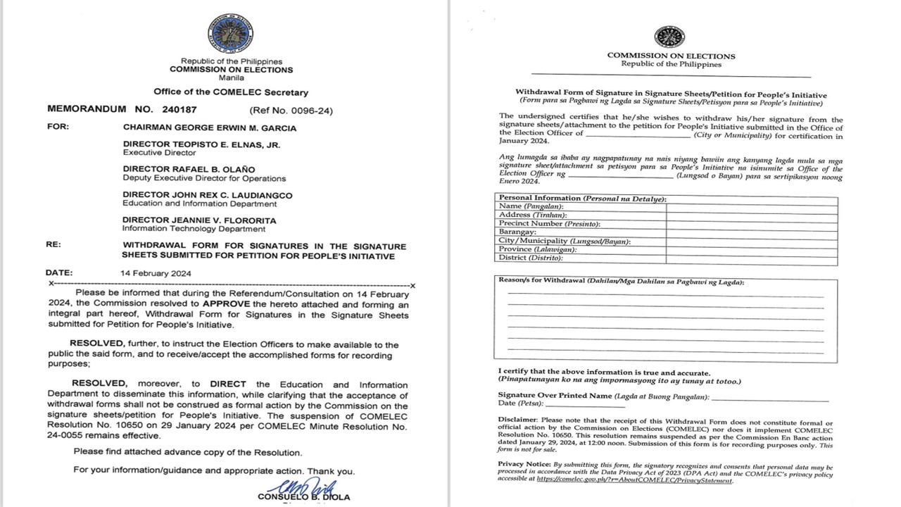 Withdrawal form para sa mga nais bawiin ang kanilang lagda sa People's ...
