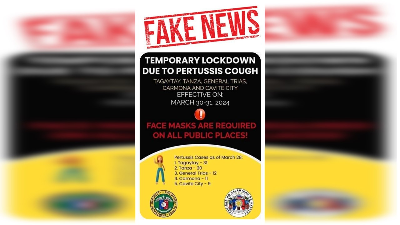 “Temporary lockdown” sa ilang lugar sa Cavite dahil sa whooping cough ...
