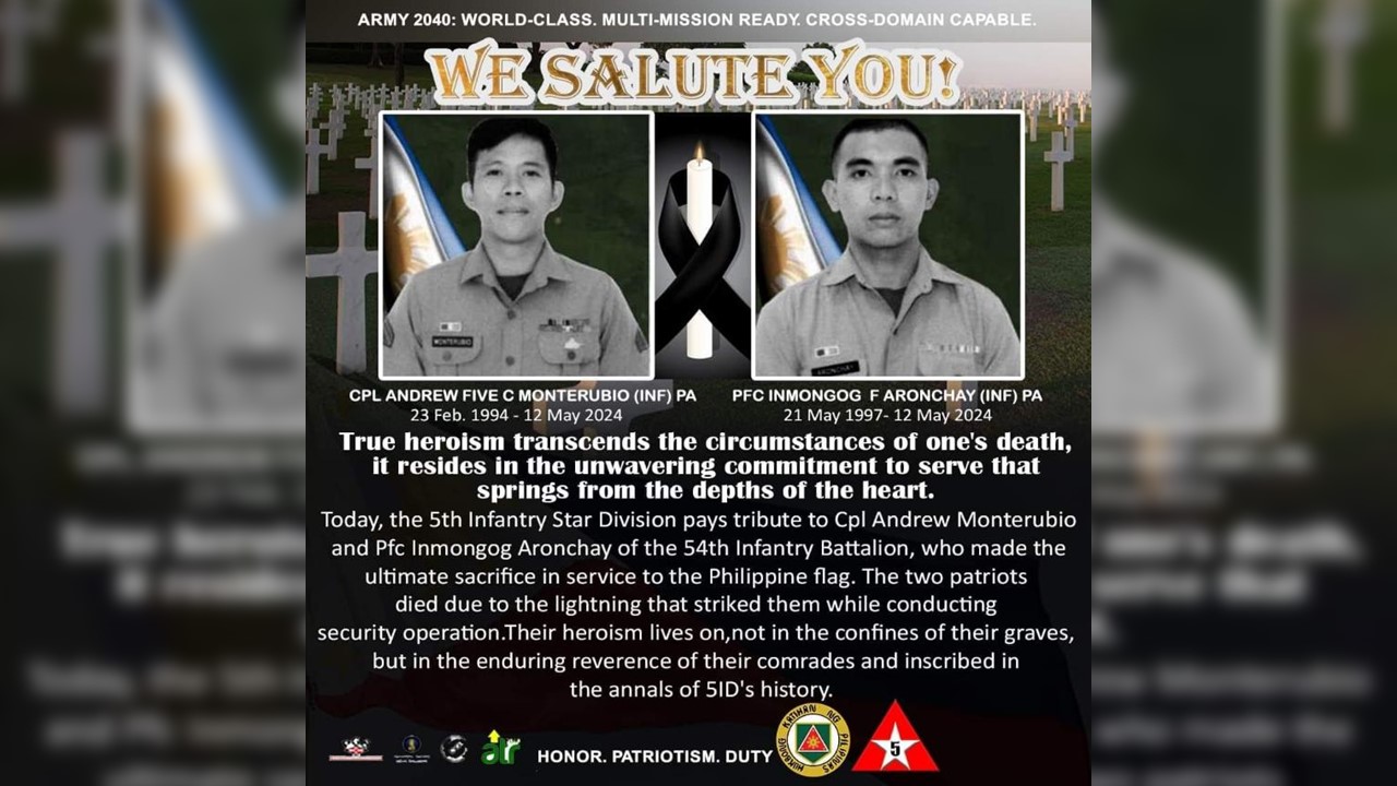 Dalawang sundalo, nasawi matapos tamaan ng kidlat sa gitna ng operasyon sa Kalinga - RMN Networks