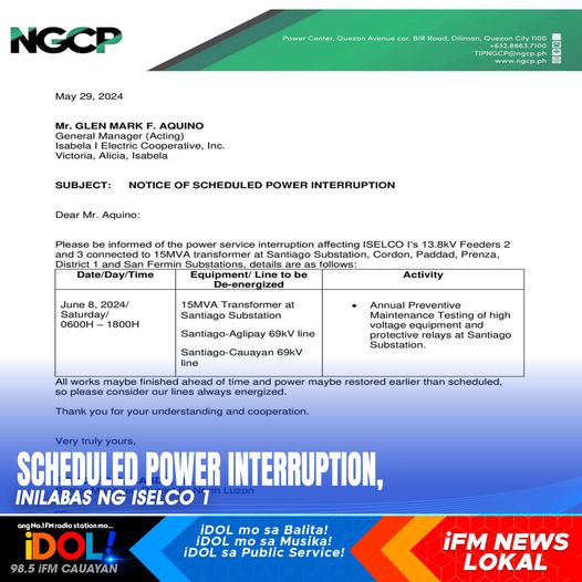 SCHEDULED POWER INTERRUPTION, INILABAS NG ISELCO 1 - RMN Networks