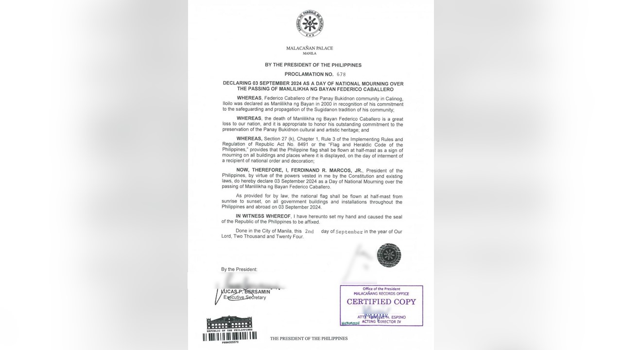 Pambansang Araw ng Pagluluksa para sa Manlilikha ng Bayan na si ...