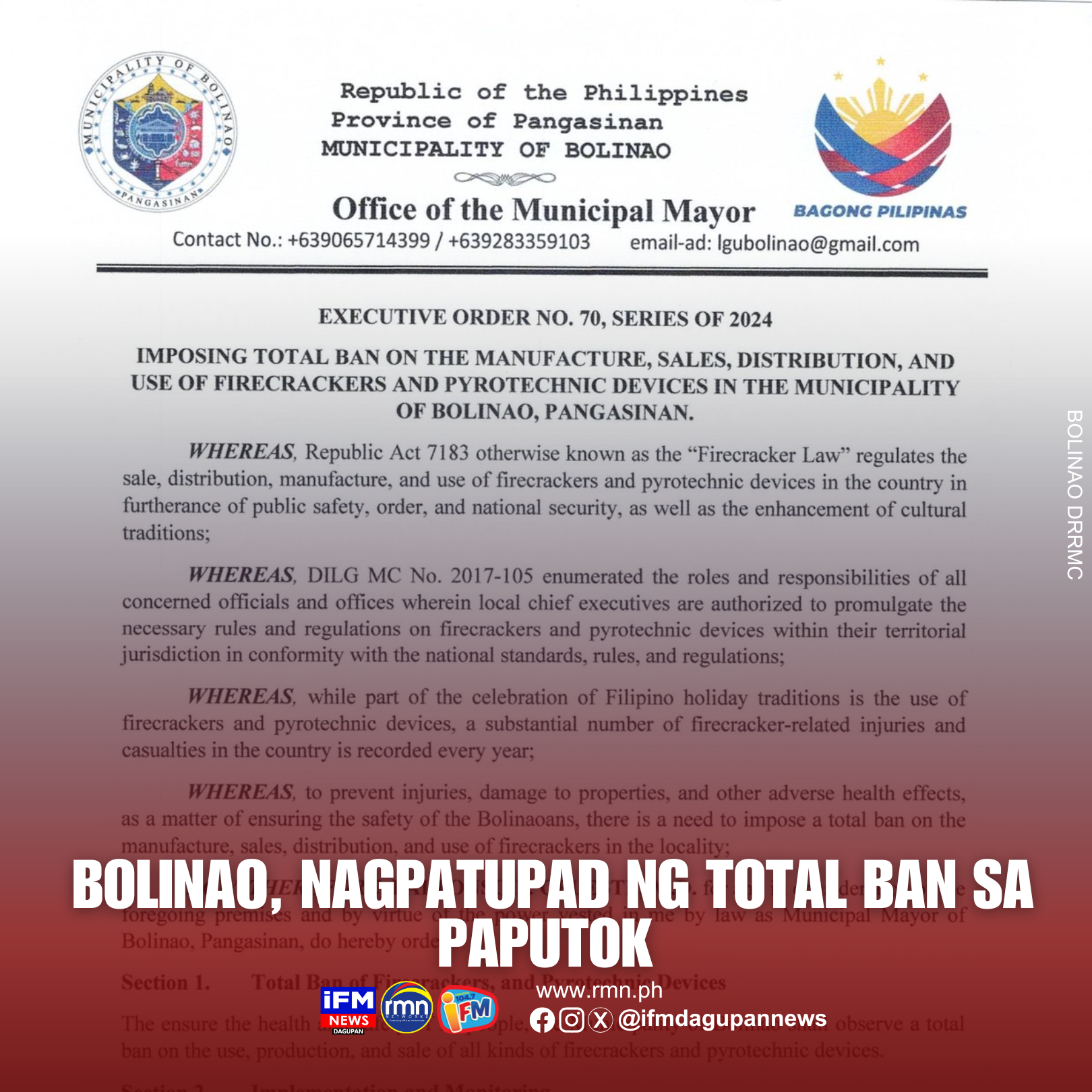 BOLINAO, NAGPATUPAD NG TOTAL BAN SA PAPUTOK - RMN Networks