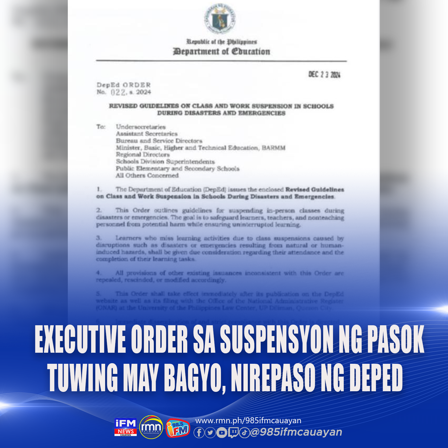 EXECUTIVE ORDER SA SUSPENSYON NG PASOK TUWING MAY BAGYO, NIREPASO NG DEPED - RMN Networks
