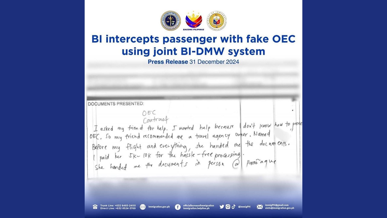 BI at DMW, hinarang ang isang babae matapos ipresenta ang peke nitong Overseas Employment ...