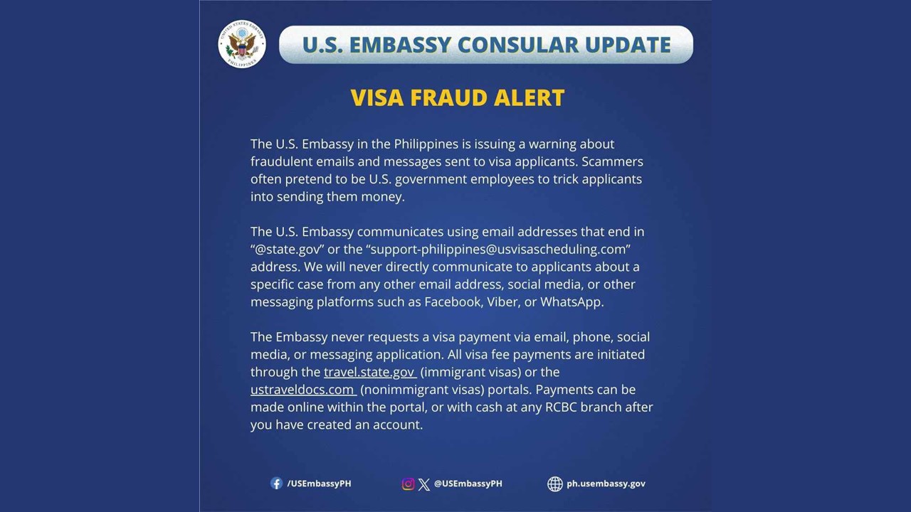 Publiko, binalaan ng US Embassy hinggil sa mga scammer na ginagaya ang e-mail account ng ...