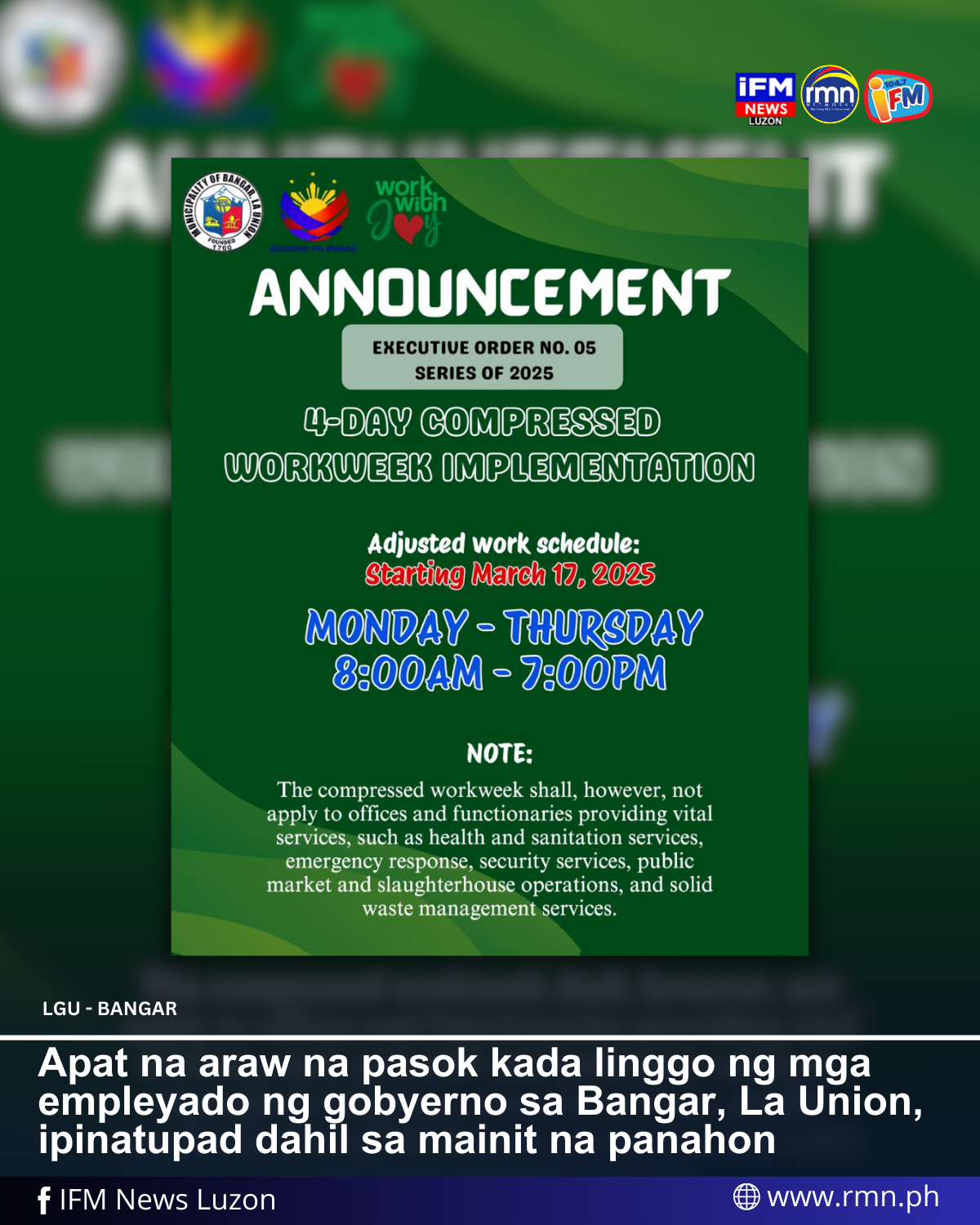 APAT NA ARAW NA PASOK KADA LINGGO NG MGA EMPLEYADO NG GOBYERNO SA BANGAR, LA UNION, IPINATUPAD ...