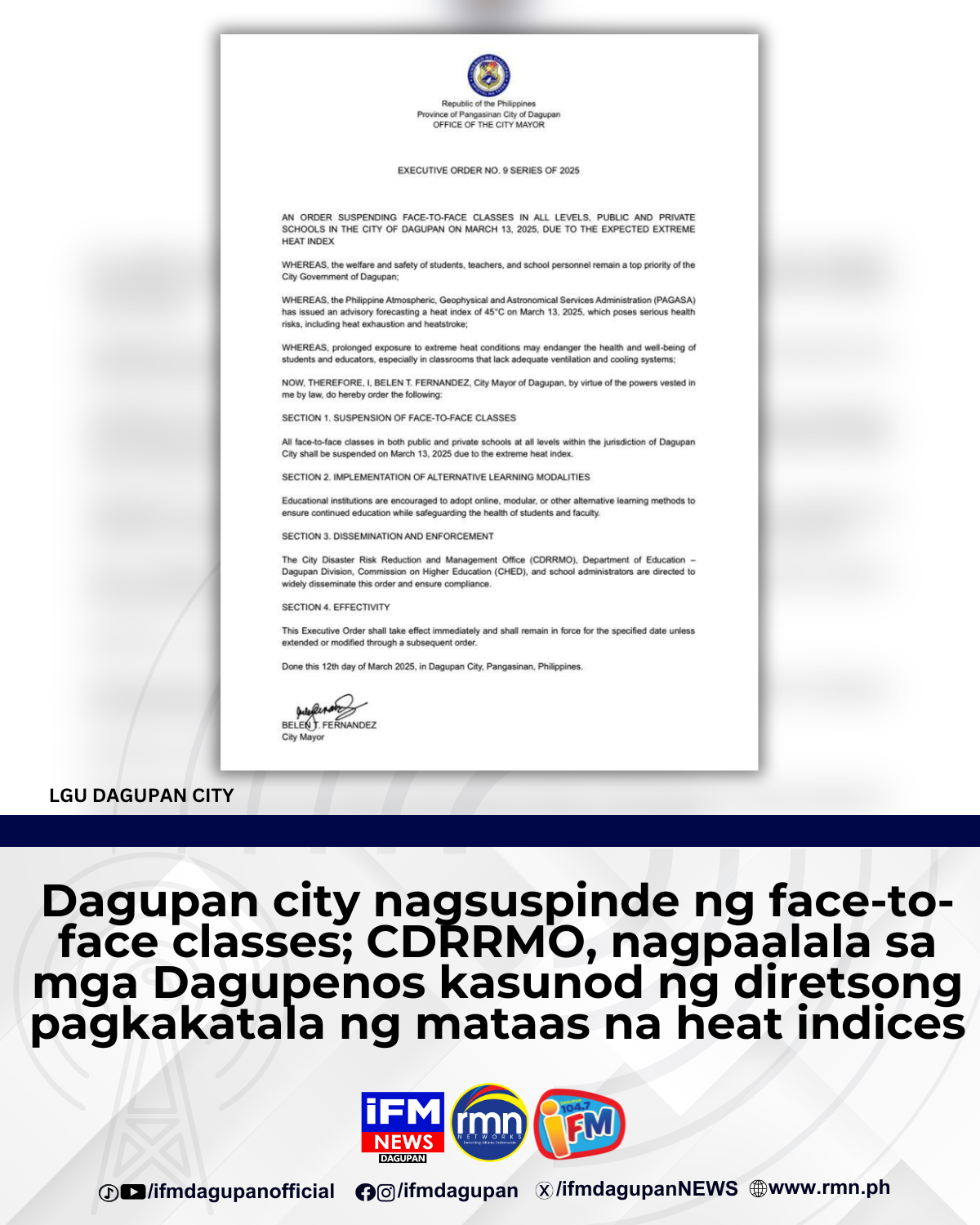 DAGUPAN CITY NAGSUSPINDE NG FACE-TO-FACE CLASSES; CDRRMO, NAGPAALALA SA MGA DAGUPENOS KASUNOD NG ...