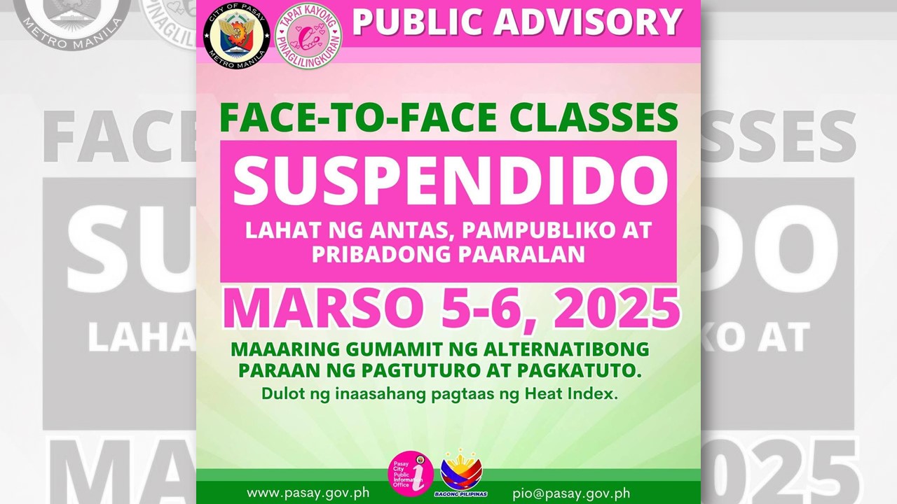Face-to-face classes sa Pasay City, suspendido bukas at sa Huwebes dahil sa mataas na heat index ...