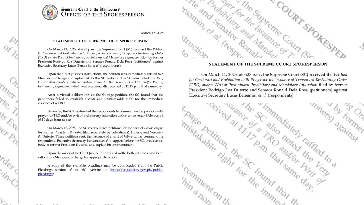 Korte Suprema, hindi muna naglabas ng TRO kaugnay sa petisyon nina dating Pangulong Duterte na ...