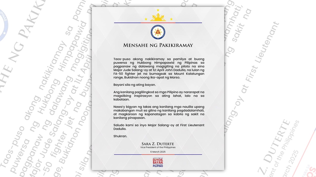 VP Sara Duterte, nagpaabot ng pakikiramay sa pamilya ng dalawang piloto ng militar na nasawi sa ...