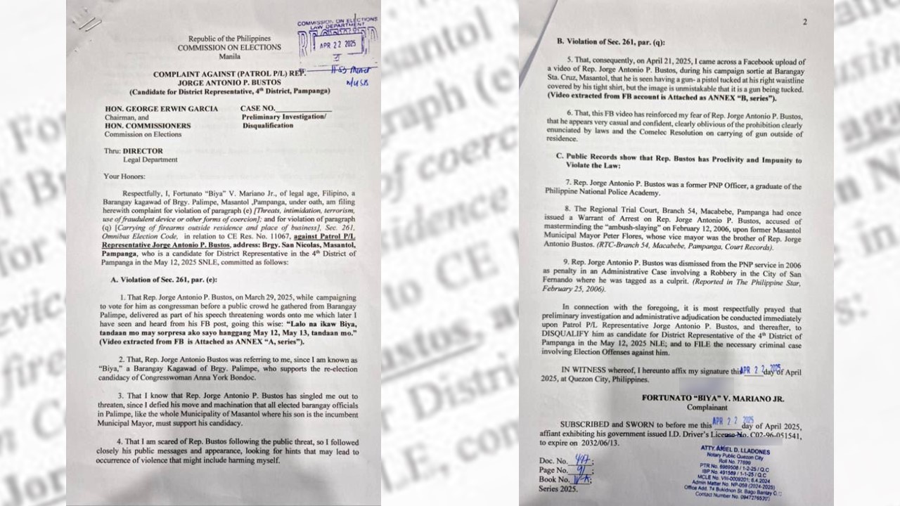 Pagbabanta at pagdadala ng baril habang nangangampanya ang isang kandidato sa Pampanga ...