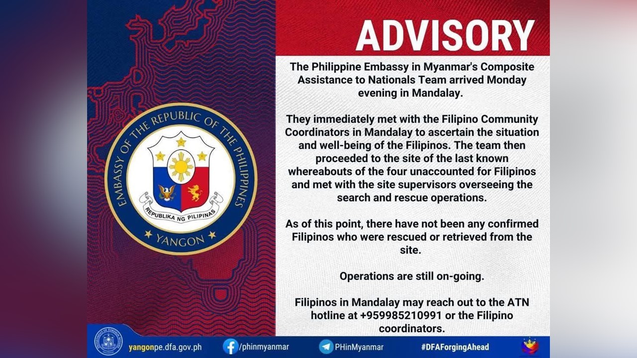 Apat na Pilipino na pinaghahanap sa Mandalay, hindi pa rin natatagpuan ayon sa Embahada ng ...