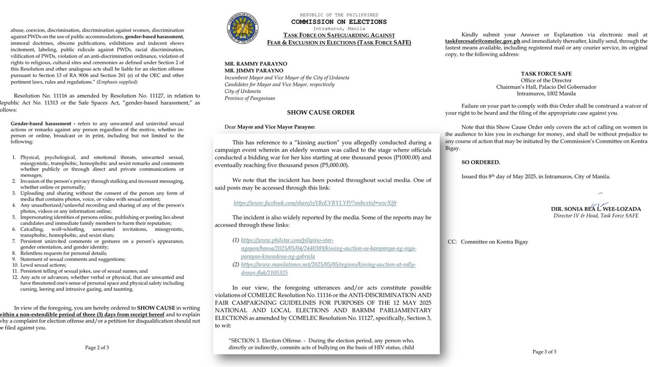 Incumbent Mayor at Vice Mayor ng Urdaneta City, pinagpapaliwanag ng Comelec sa “kissing auction ...