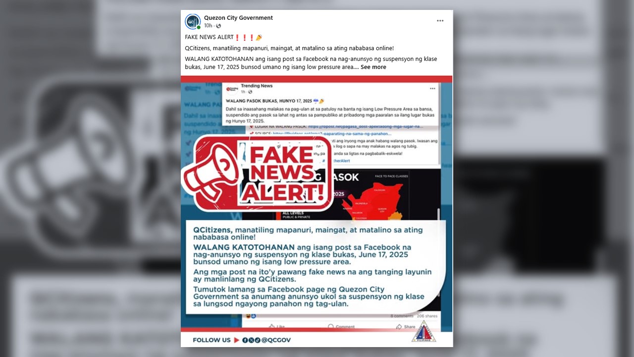 Facebook post na nagsasaad na walang pasok sa Quezon City ngayong araw ...