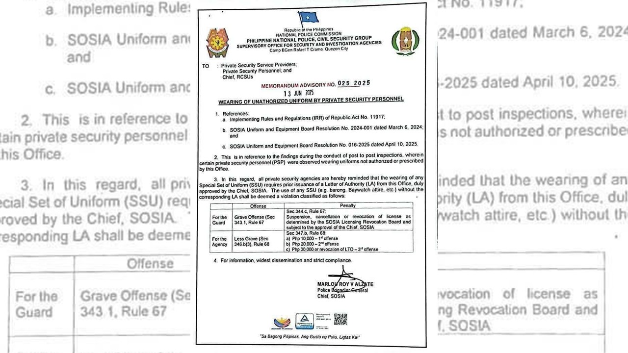 PNP-SOSIA, binalaan ang mga gwardya laban sa paggamit ng mga pekeng uniporme - RMN Networks