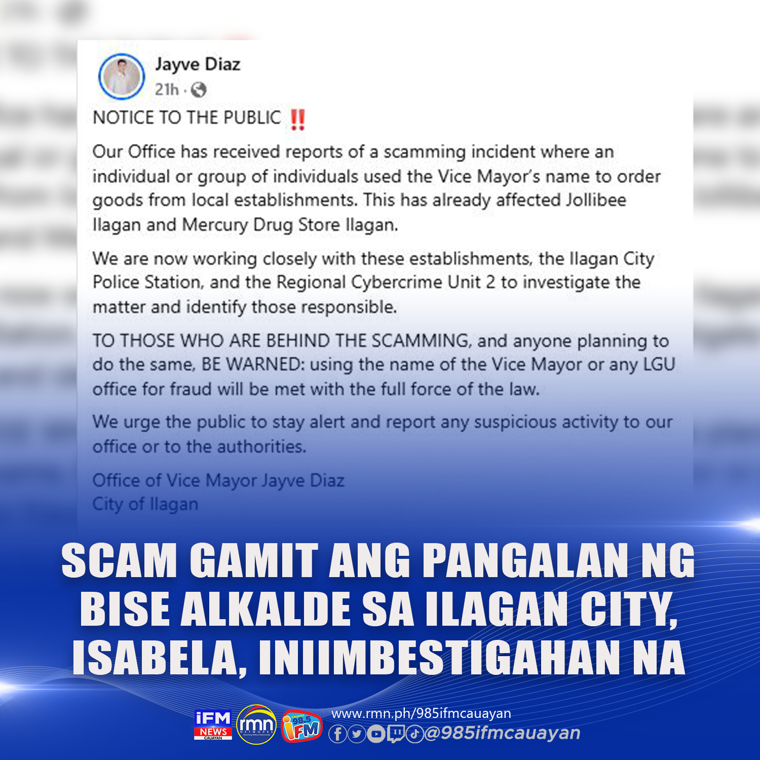 SCAM GAMIT ANG PANGALAN NG BISE ALKALDE SA ILAGAN CITY, ISABELA, INIIMBESTIGAHAN NA - RMN Networks