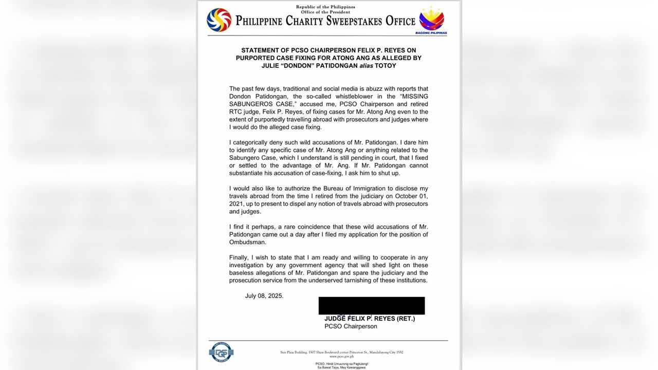 PCSO chairperson at retired RTC Judge Felix Reyes, itinanggi ang paratang na sangkot siya sa ...