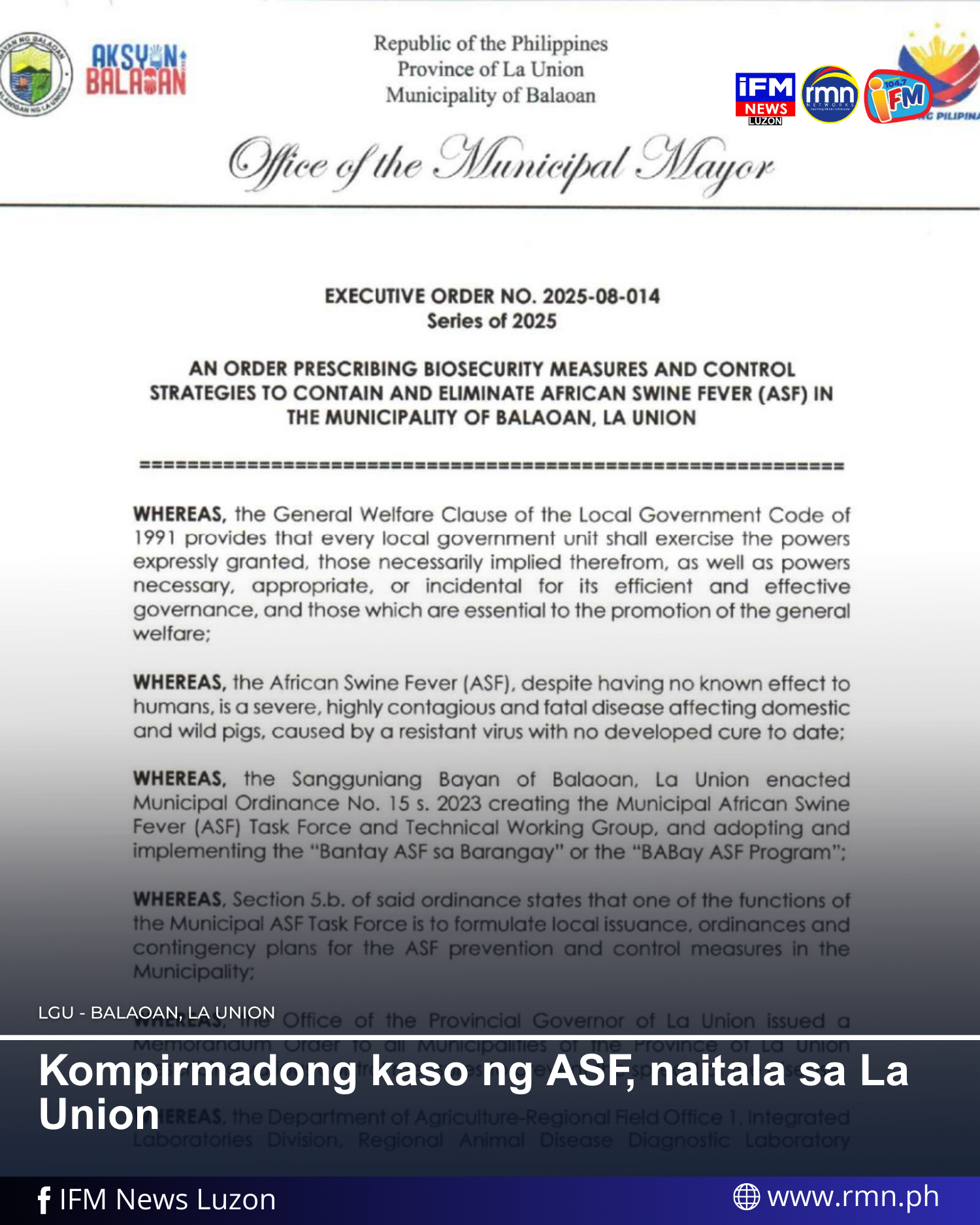 KOMPIRMADONG KASO NG ASF, NAITALA SA BALAOAN, LA UNION - RMN Networks