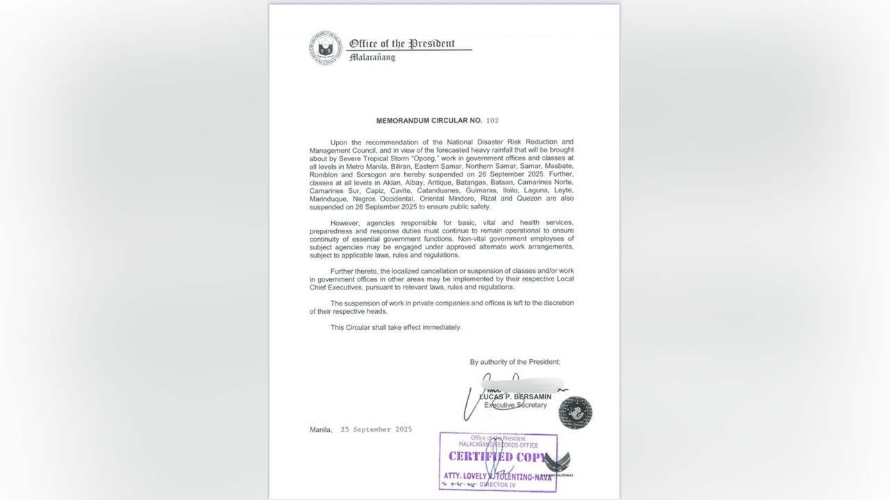 Malacañang, sinuspinde na ang pasok sa gobyerno at klase sa lahat ng antas bukas sa ilang lugar ...
