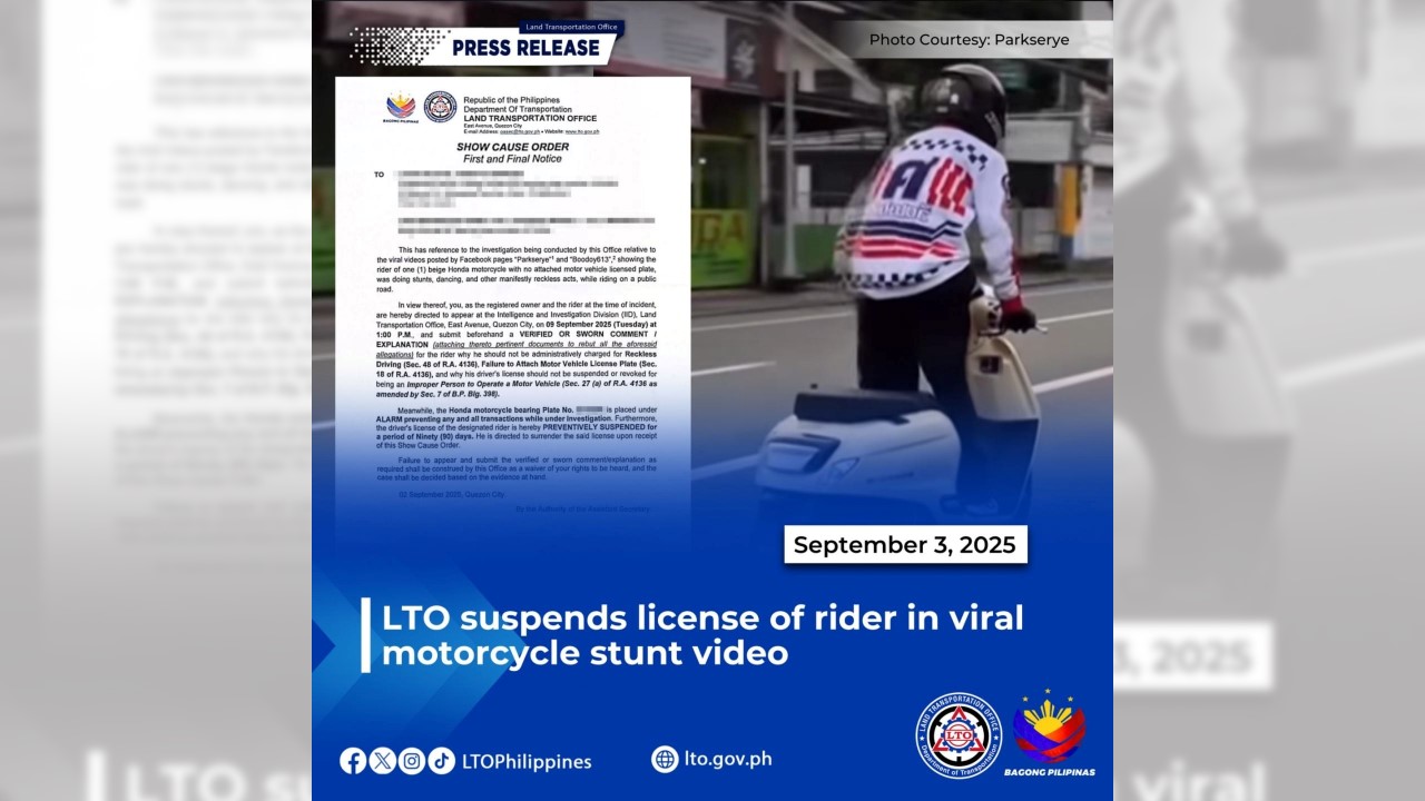 LTO, sinuspinde ang drivers license ng rider na nag-viral dahil sa motorcycle stunt - RMN Networks