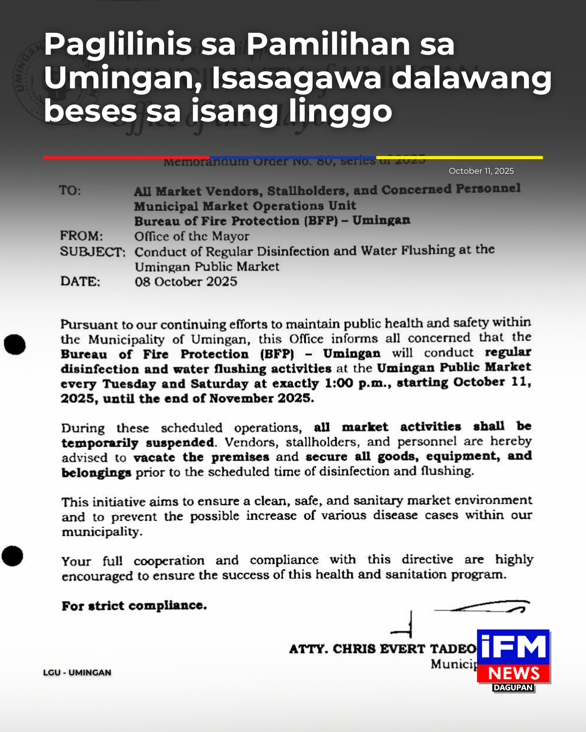 PAGLILINIS SA PAMILIHAN SA UMINGAN, ISASAGAWA DALAWANG BESES SA ISANG ...