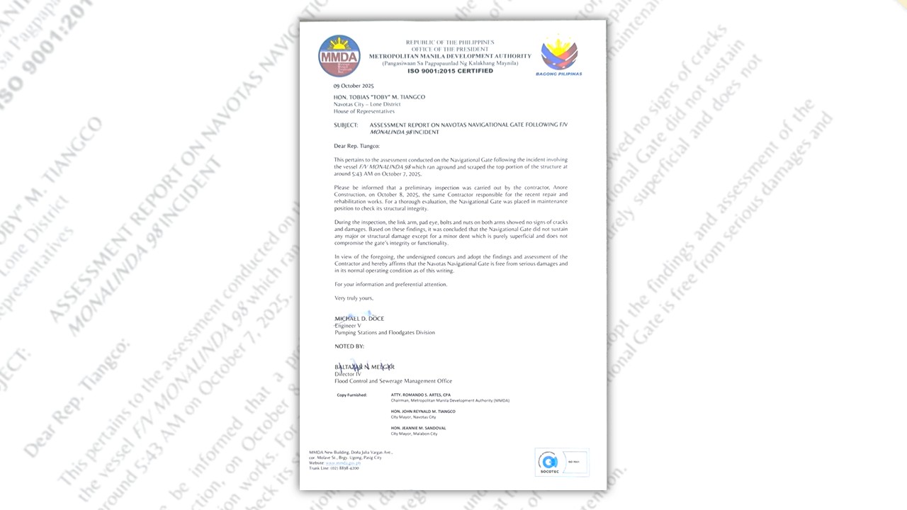 Navotas Navigational Gate, walang major damage ayon sa assessment ng ...
