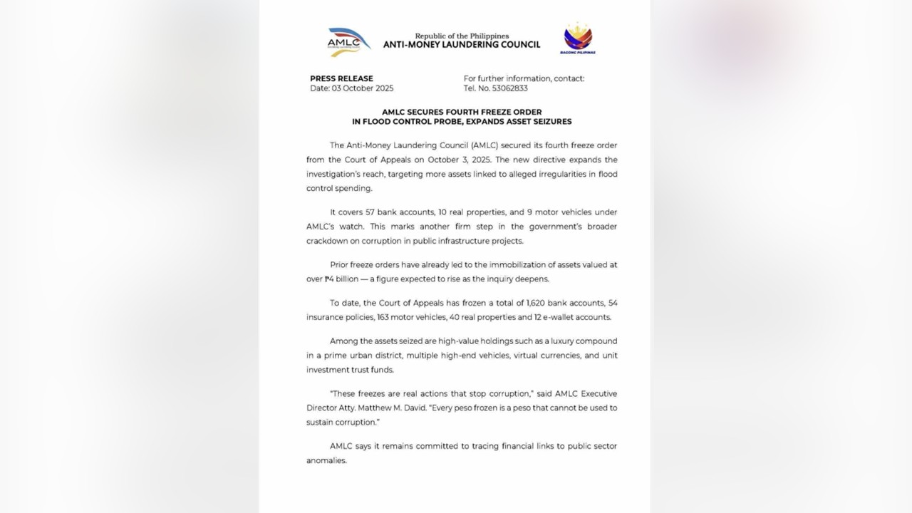 Mga ari-arian na inilagay sa freeze order, umabot na sa halos ₱4 ...