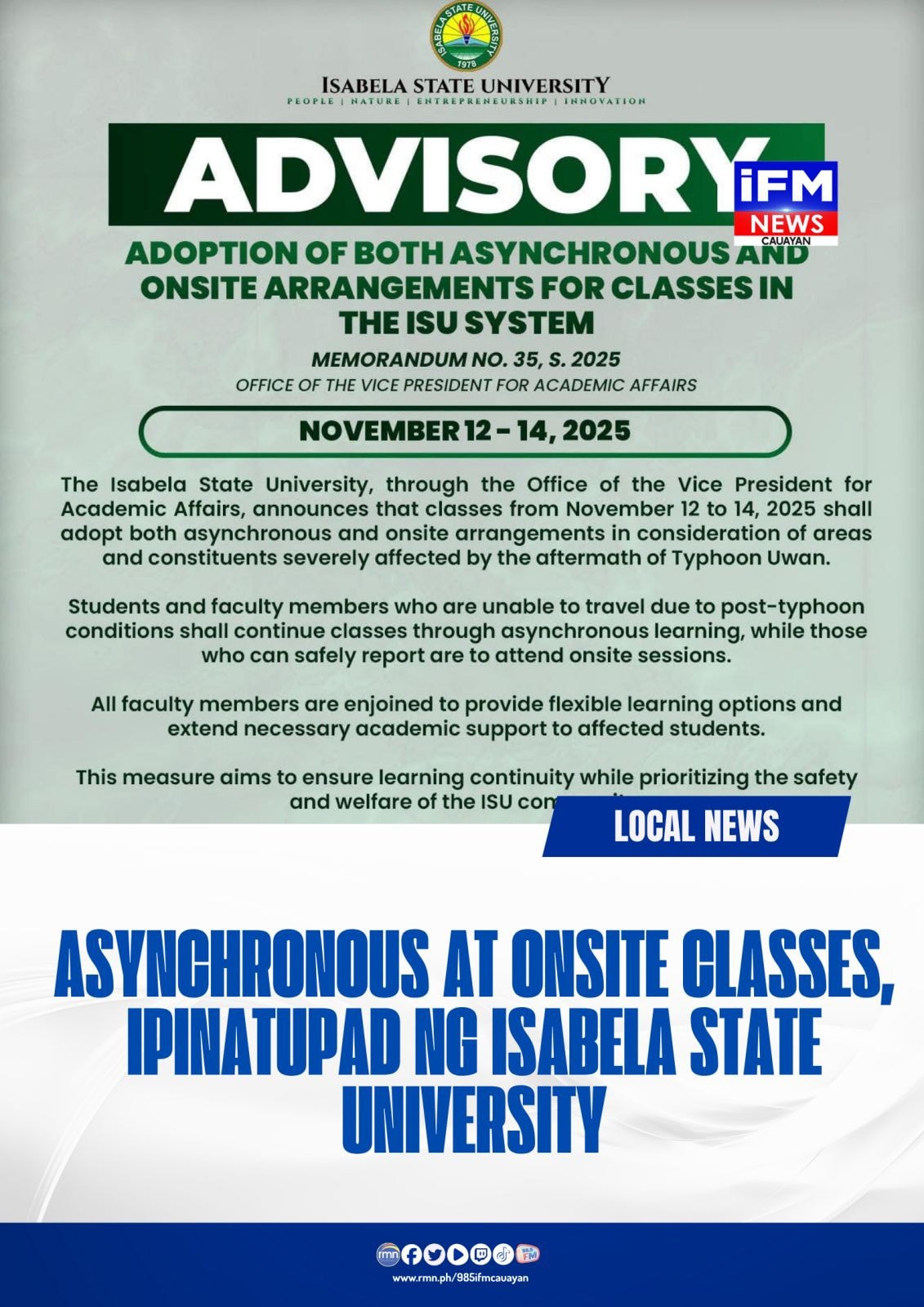 ASYNCHRONOUS AT ONSITE CLASSES, IPINATUPAD NG ISABELA STATE UNIVERSITY ...