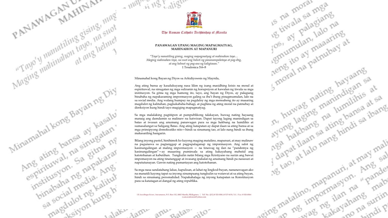 Archdiocese of Manila, nanawagan sa publiko na iwasan ang mga ...