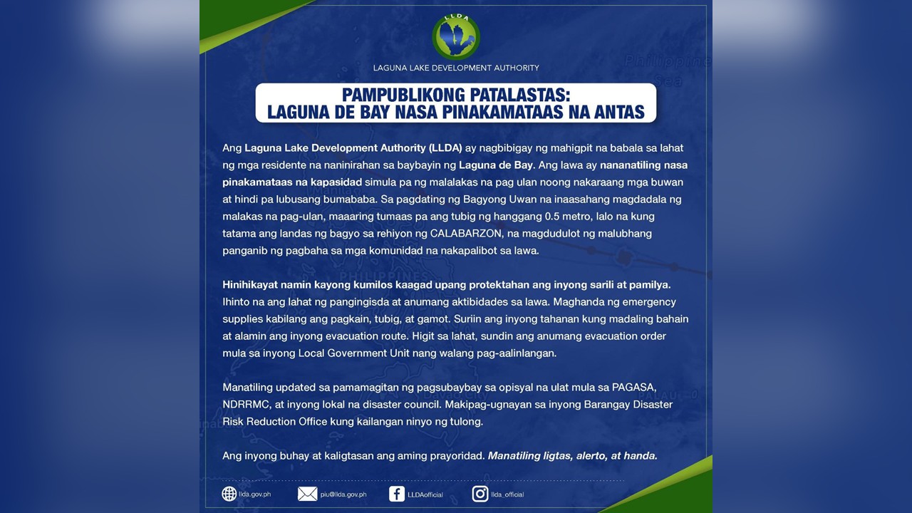 Mga residenteng naninirahan sa baybayin ng Laguna de Bay, pinaalalahanan ng LLDA dahil sa ...