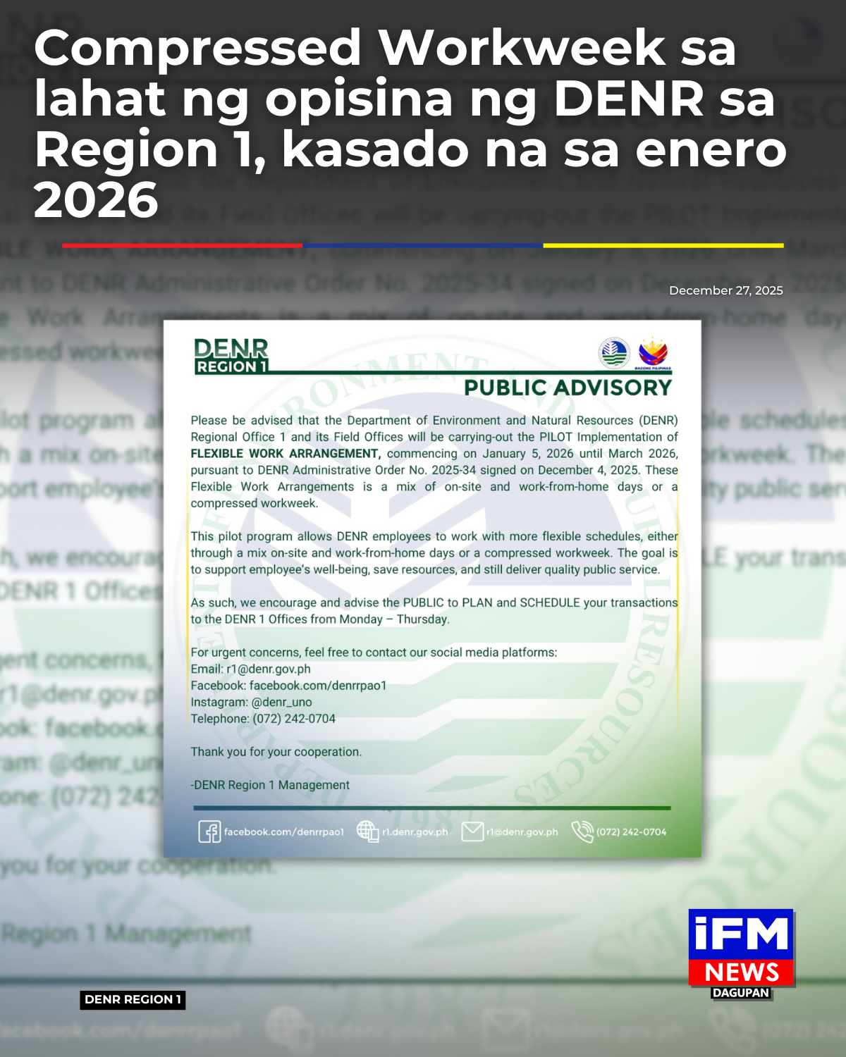 COMPRESSED WORKWEEK SA LAHAT NG OPISINA NG DENR SA REGION 1, KASADO NA ...