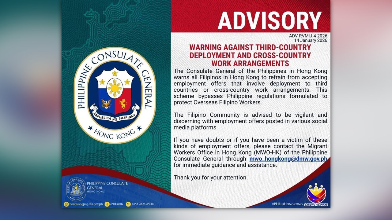 PH Consulate sa Hong Kong, nagbabala sa OFWs laban sa Third-Country ...