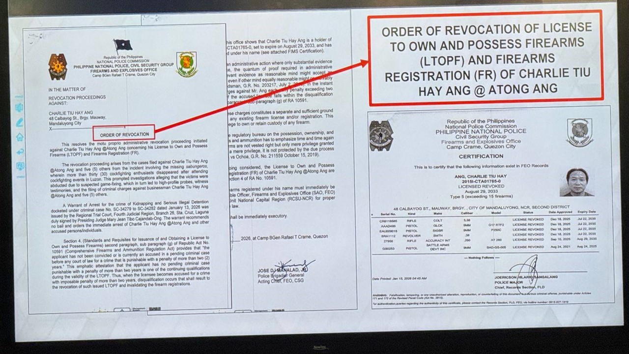 PNP, binawi ang firearms license ni Atong Ang; ahensya, nag-request ng ...