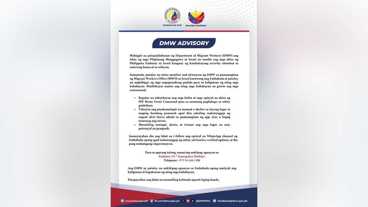 DMW, pinaalalahanan ang mga OFWs sa Israel kasunod ng nagpapatuloy na ...